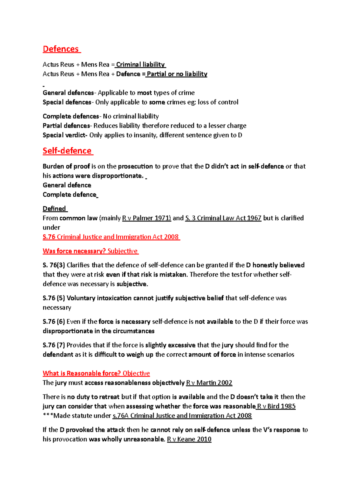 Defences - Summary revision notes - LAW-5023B - UEA - Studocu