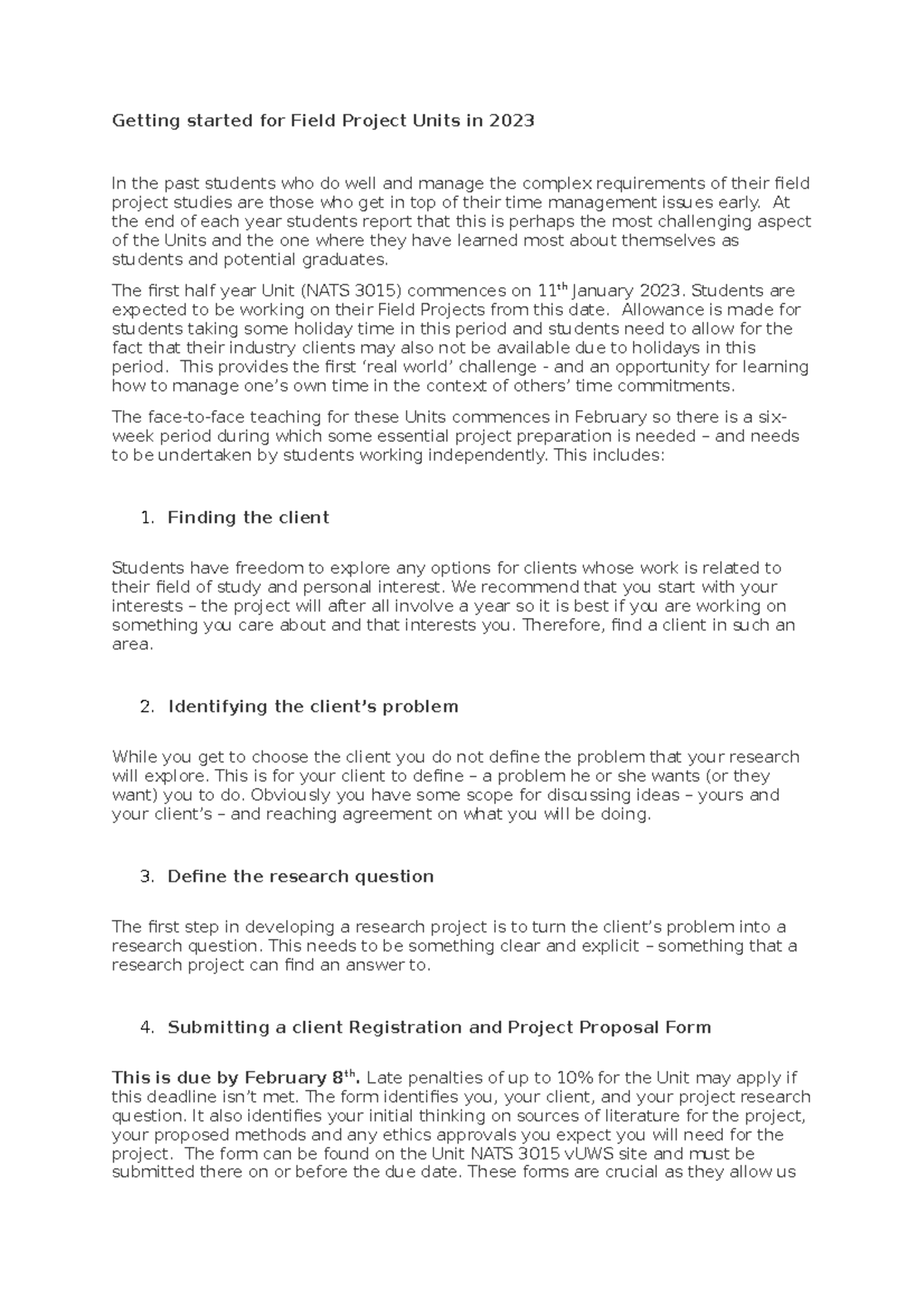 Getting started for Field Project Units in 2023 - At the end of each ...