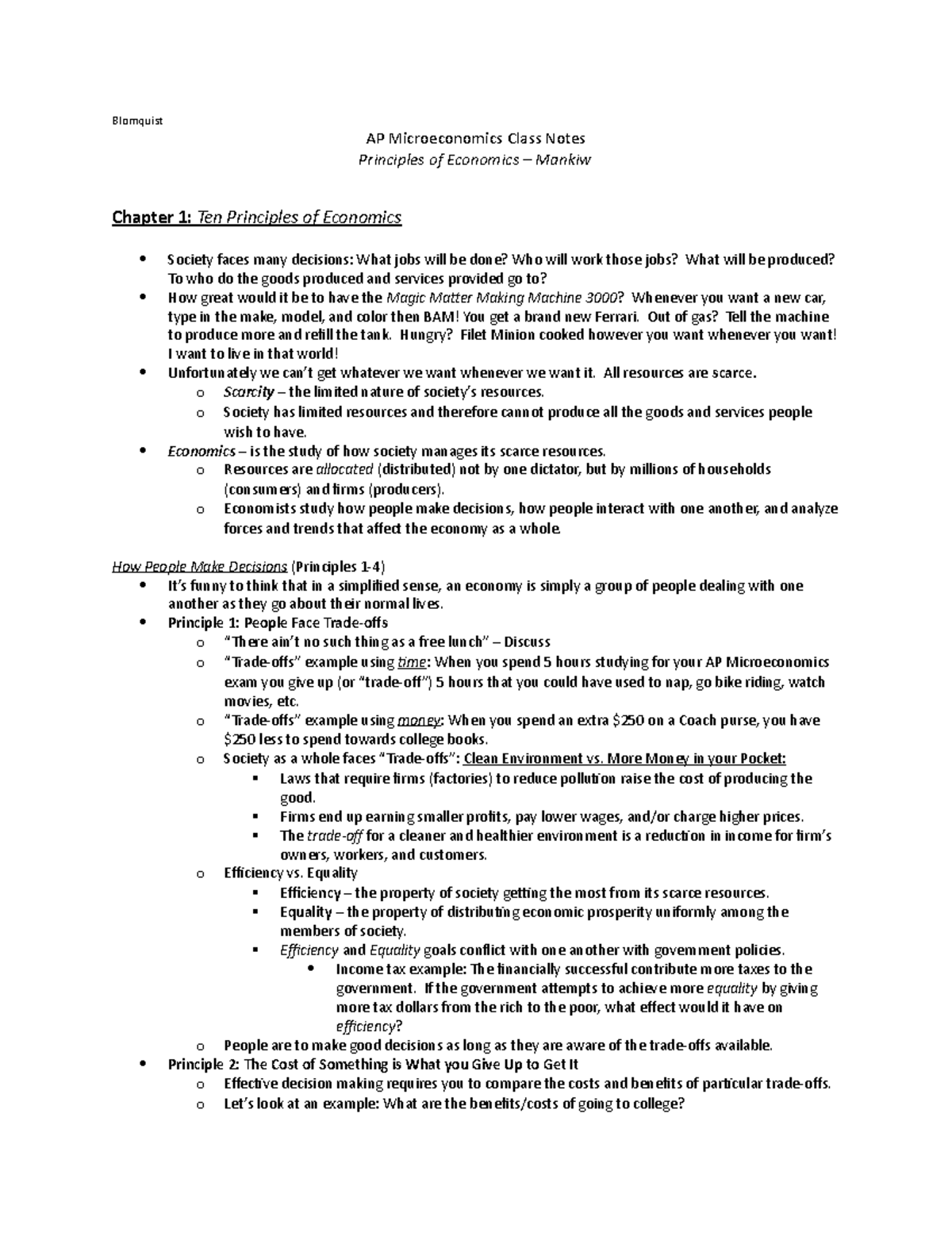 AP Microeconomics Class Notes - Chapter 1 - Ten Principles of Economics ...