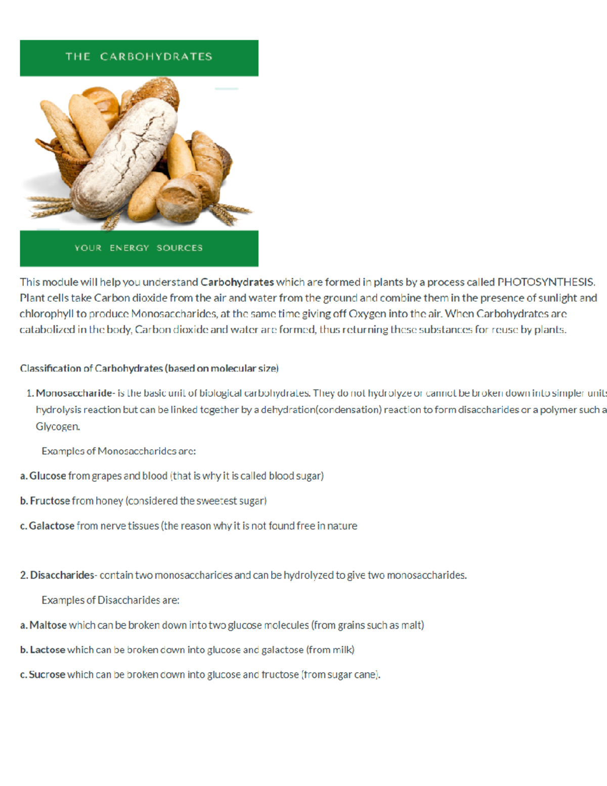 BioChemistry- Notes on Carbohydrates - Nursing - Studocu