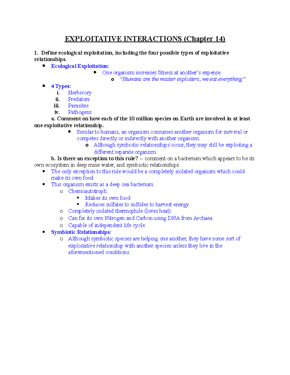 BIOL 341 Final Exam Part 1 - EXPLOITATIVE INTERACTIONS (Chapter 14) Define ecological ...