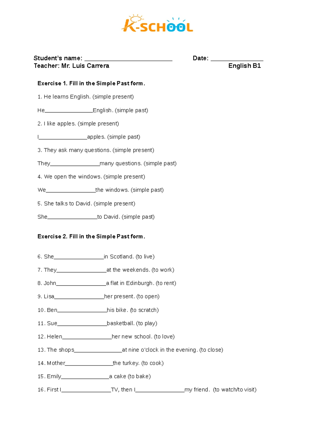 Simple Past Activity Student s Name Date