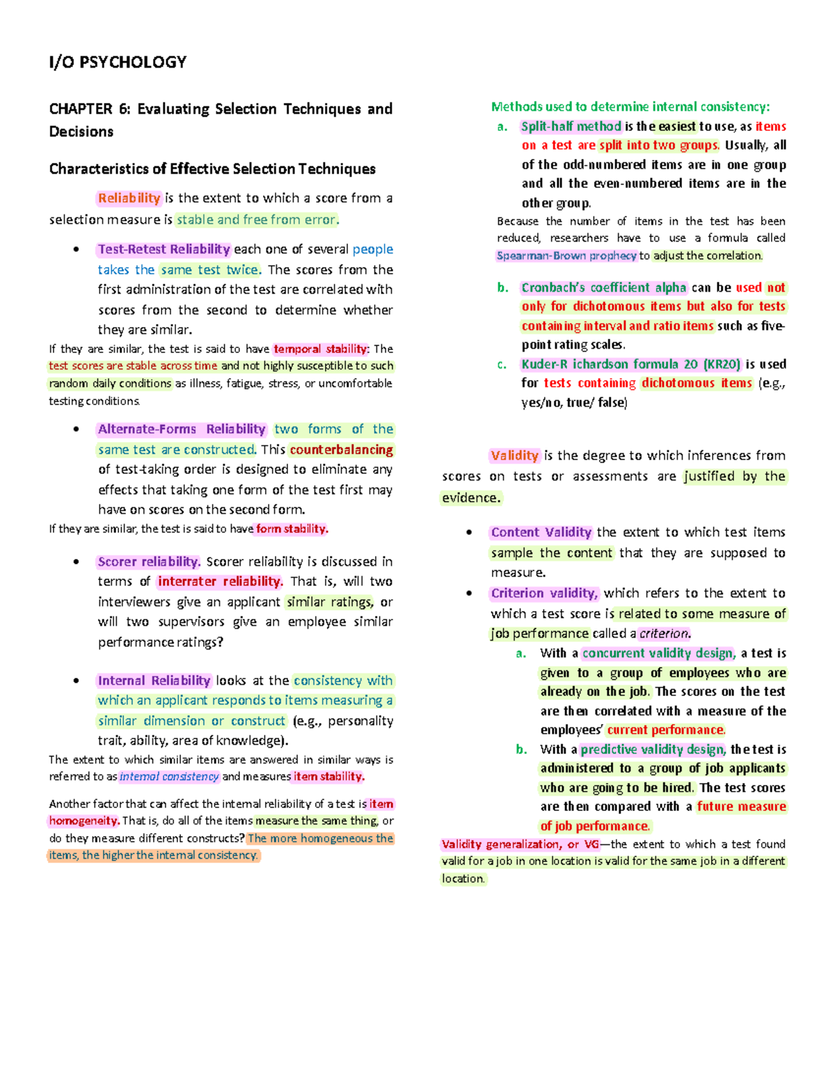 CH6-CH10 IO Psych Summary - CHAPTER 6: Evaluating Selection Techniques and Decisions ...