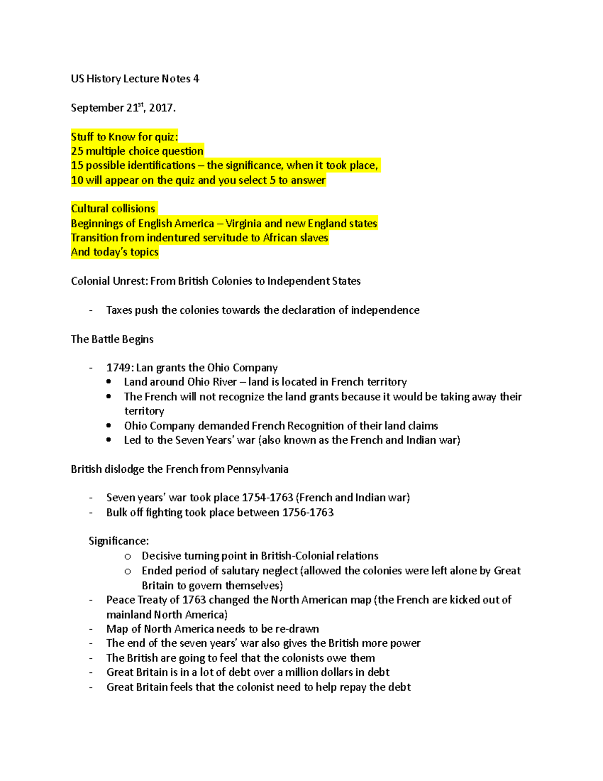 US History Lecture Notes 4 - Stuff to Know for quiz: 25 multiple choice ...