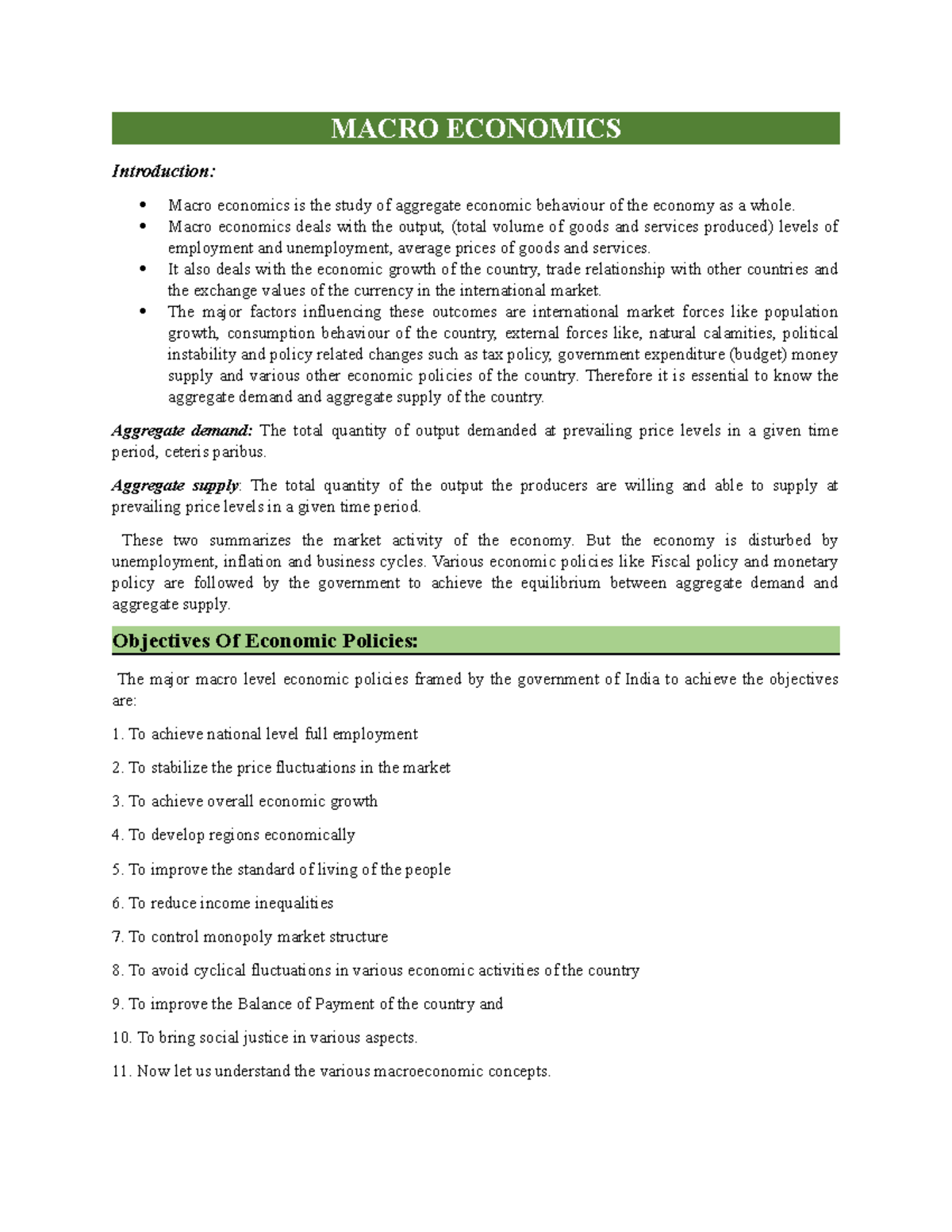 Macro Economics - Macro economics deals with the output, (total volume ...
