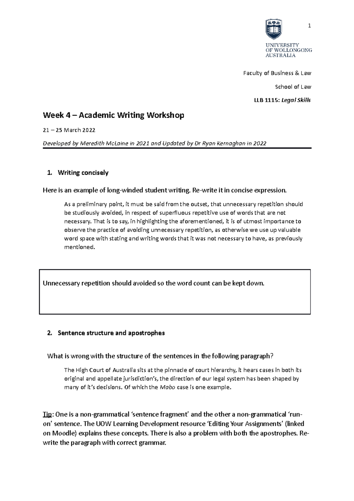 Week 4 Academic Writing Workshop 2022 - Faculty of Business & Law ...