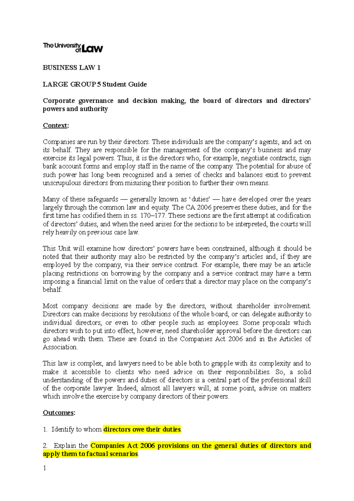 Business LAW 5 - BUSINESS LAW 1 LARGE GROUP 5 Student Guide Corporate ...