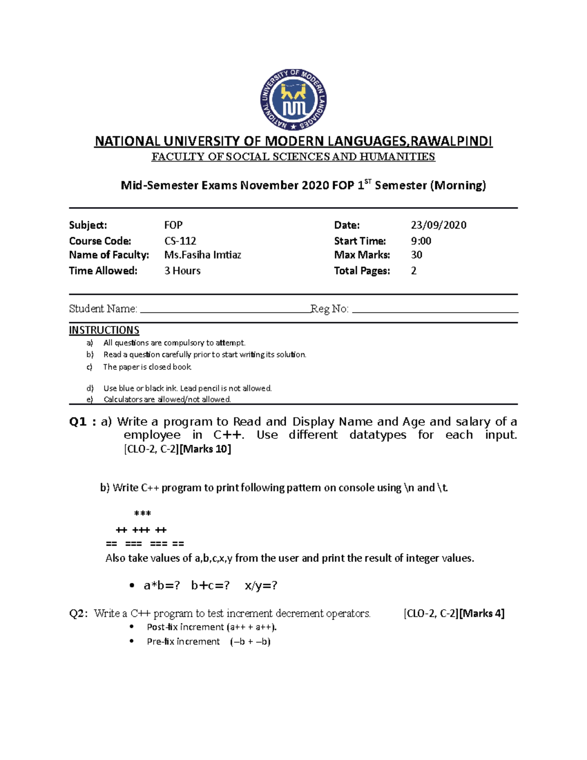 FOP NUML Paper BSCS 34Mid Term Examination Subject: FOP Date: 23/09 ...
