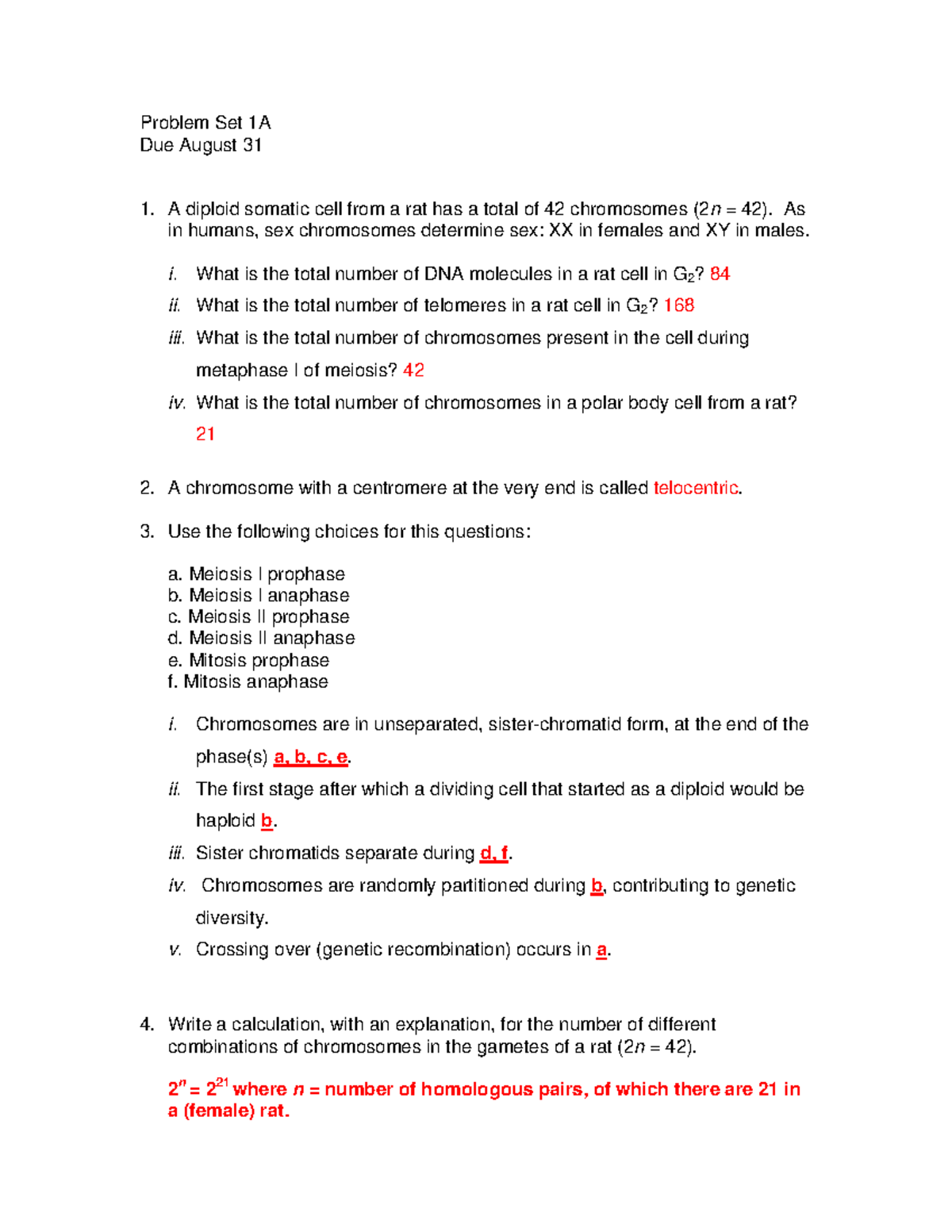 Problem set 1A answers - Problem Set 1A Due August 31 A diploid somatic cell from a rat has a ...