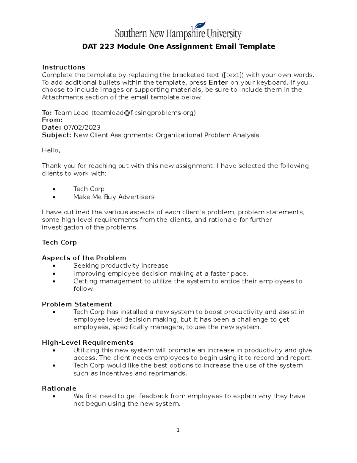 DAT 223 Module One Assignment Email Template - DAT-223-H7268 - SNHU - Studocu