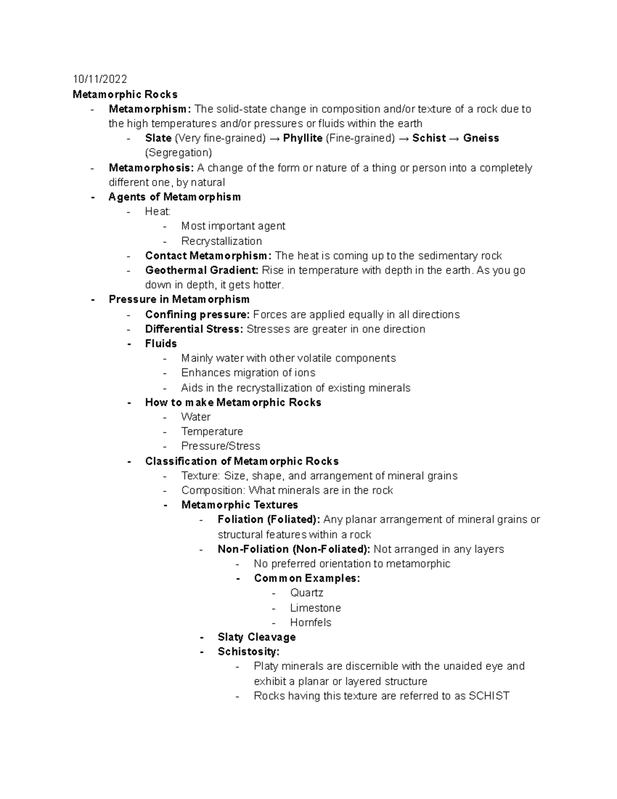 Metamorphic Rocks Notes - 10/11/ Metamorphic Rocks - Metamorphism: The ...