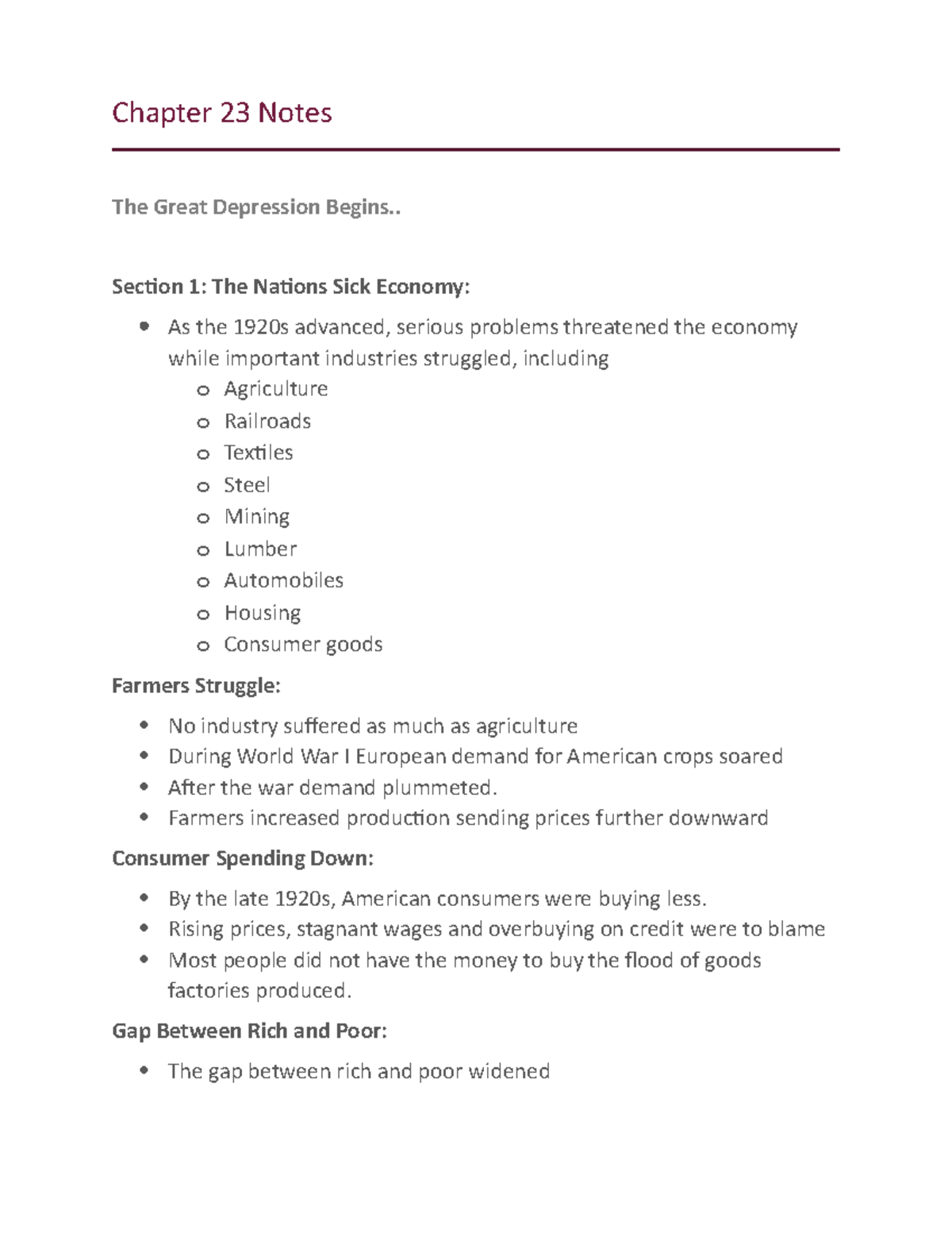 Chapter 23 Notes - Chapter 23 Notes The Great Depression Begins ...