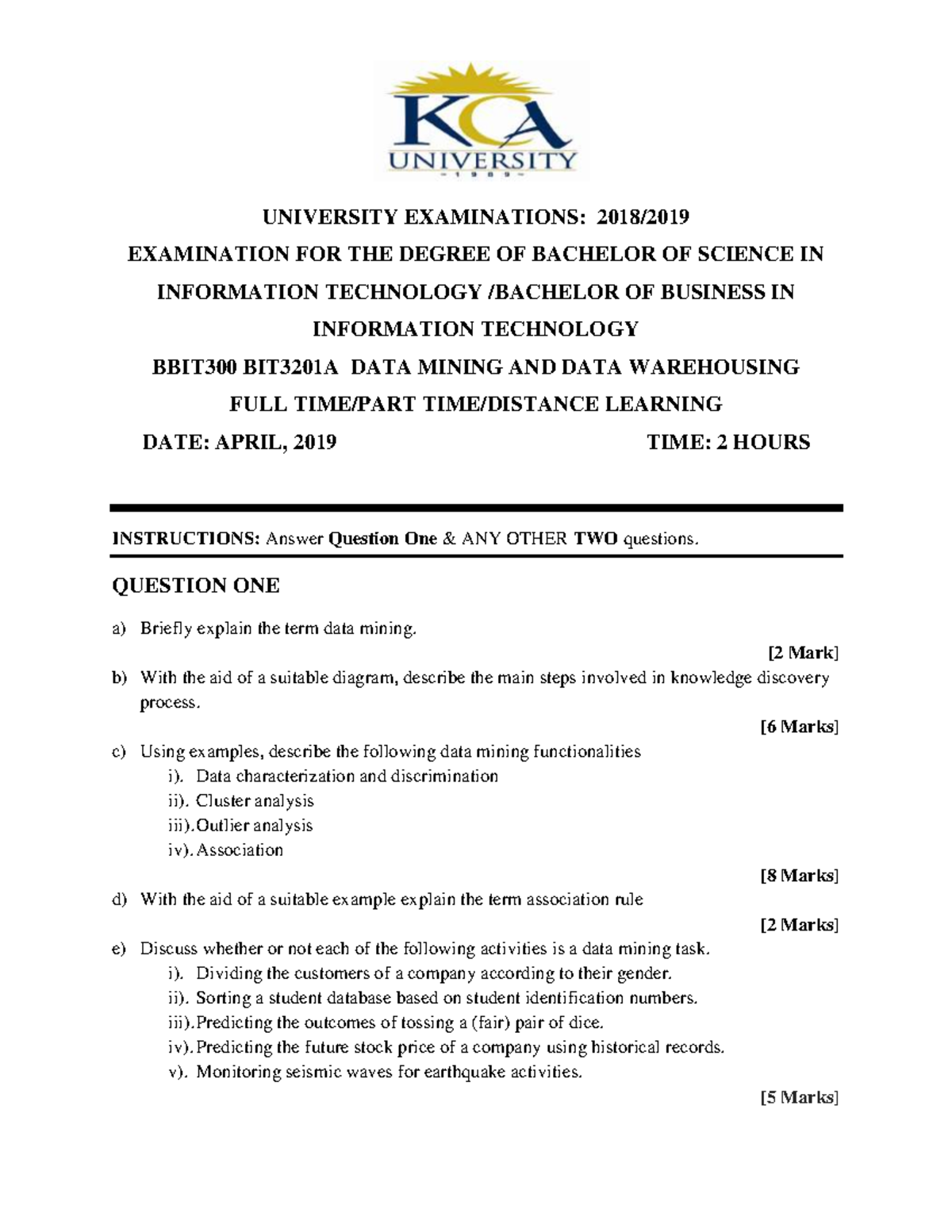 BBIT300 BIT3201A DATA Mining AND DATA Warehousing - UNIVERSITY ...