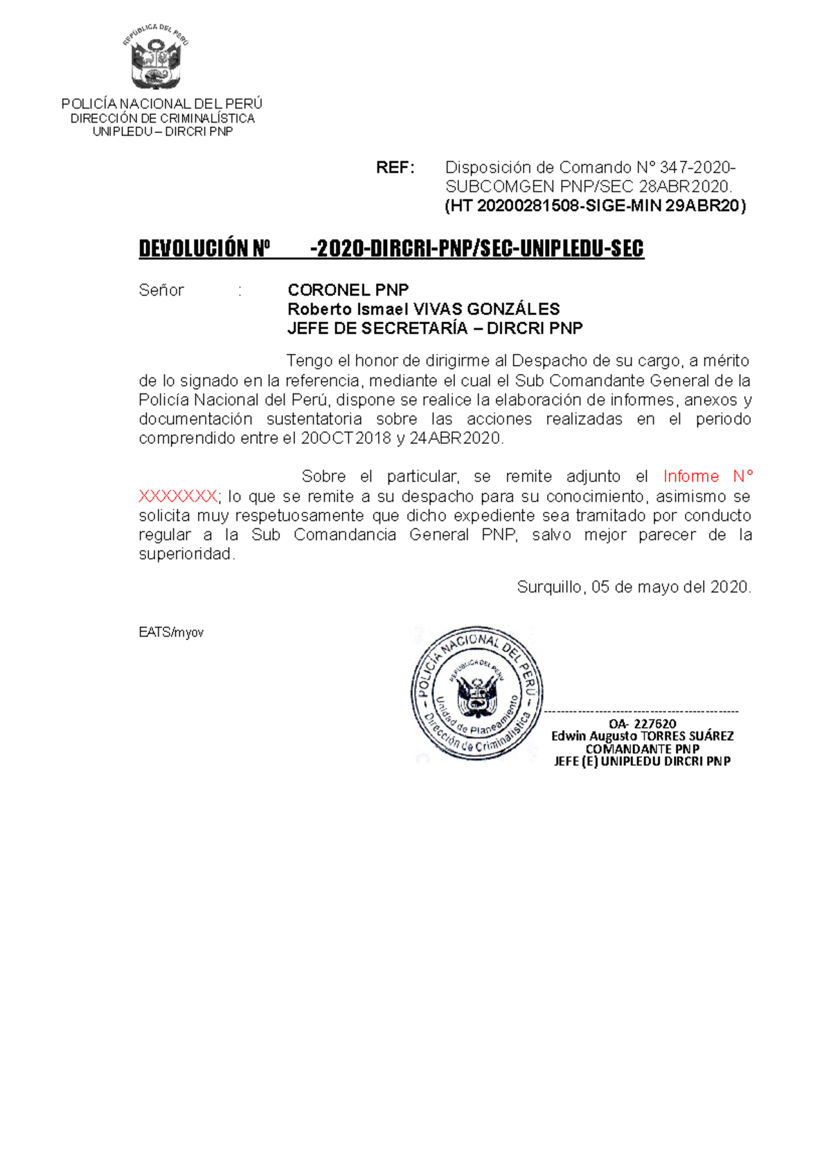 Devoluciones - GFFGH - POLICÍA NACIONAL DEL PERÚ DIRECCIÓN DE ...