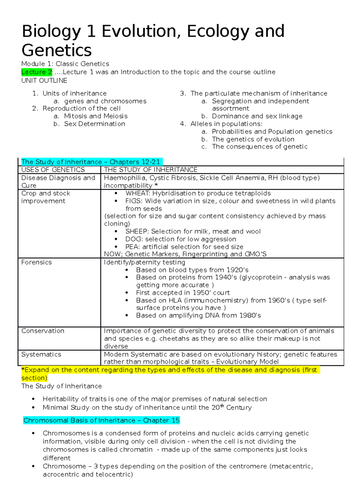 BIOL1003 - Lecture Notes - Biology 1 Evolution, Ecology and Genetics ...