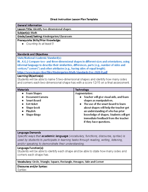 D091 task2 - task 2 for Kindergarten - Direct Instruction Lesson Plan Template General ...
