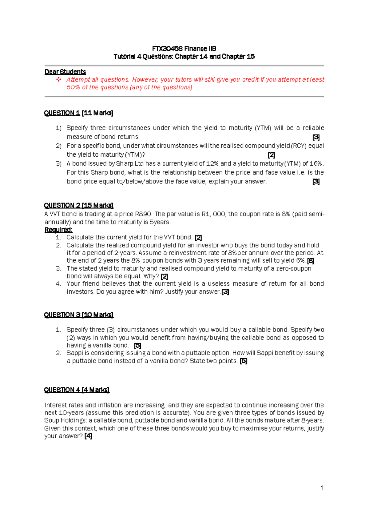 0. FTX3045S Finance IIB Tutorial 4 Questions - 1 FTX3045S Finance IIB Tutorial 4 Questions ...