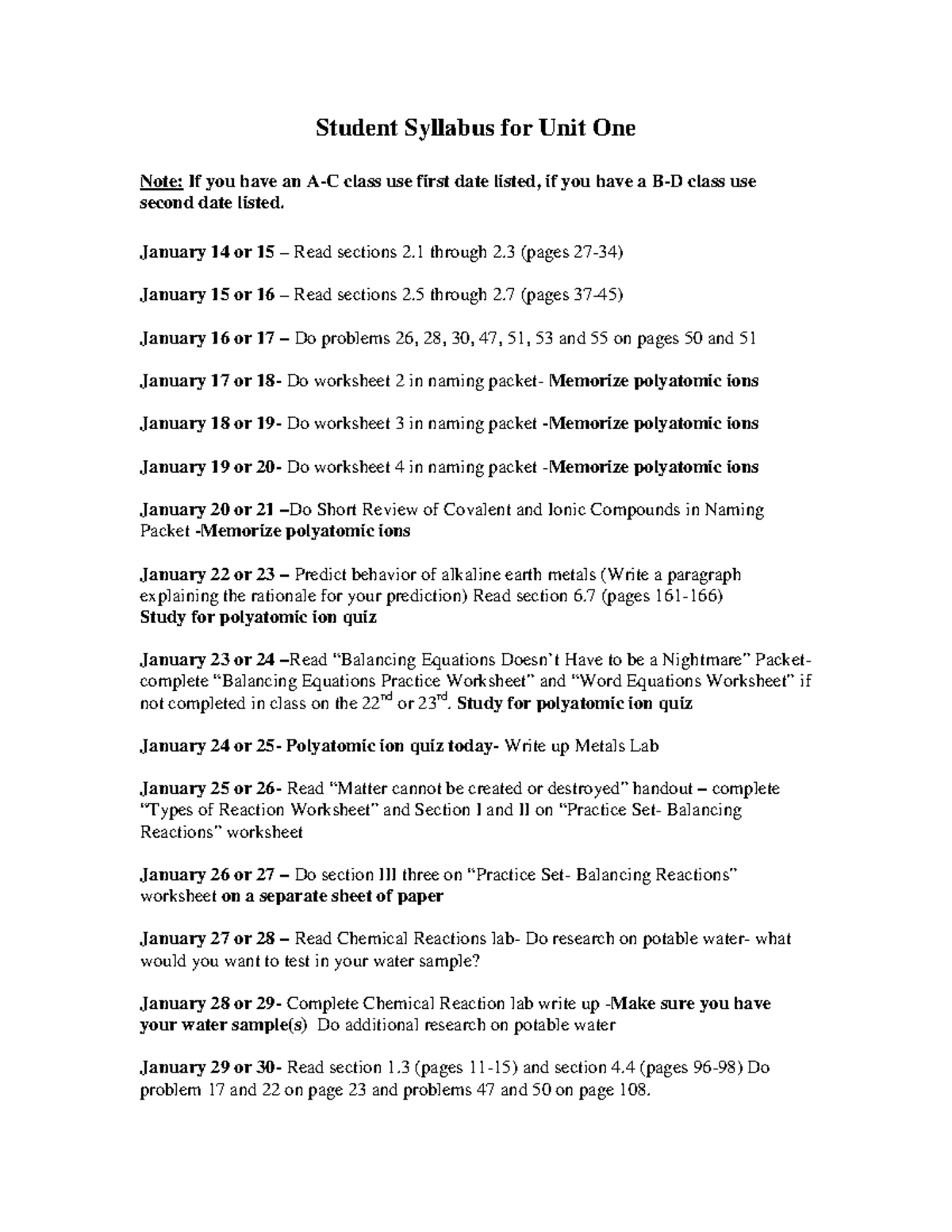 Student Syllabus for Unit One - January 14 or 15 – Read sections 2 ...