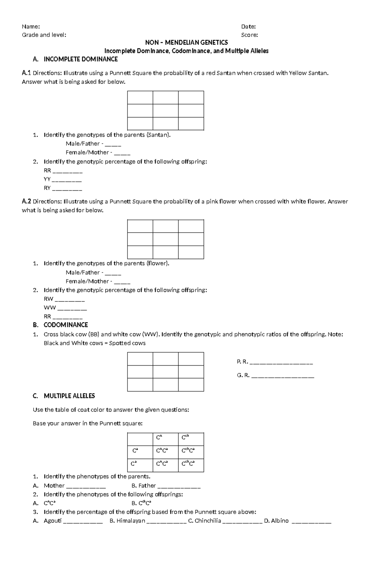 Activity - Non mendelian genetics - Name: Date: Grade and level: Score ...