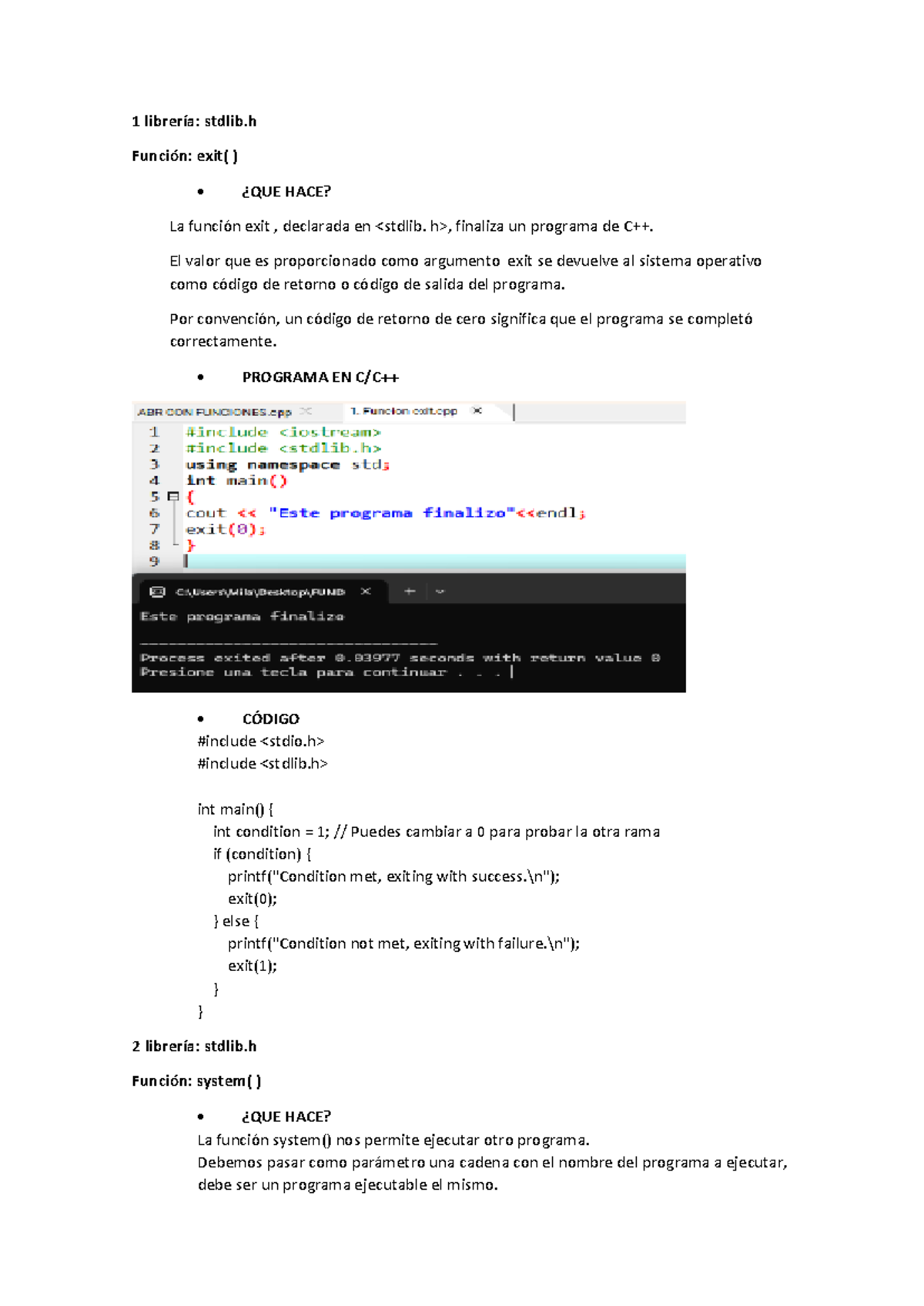 P- Documento DE LAS Librerias Y SUS Funciones Grupo 09-2-16 - 1 librería: stdlib Función: exit ...