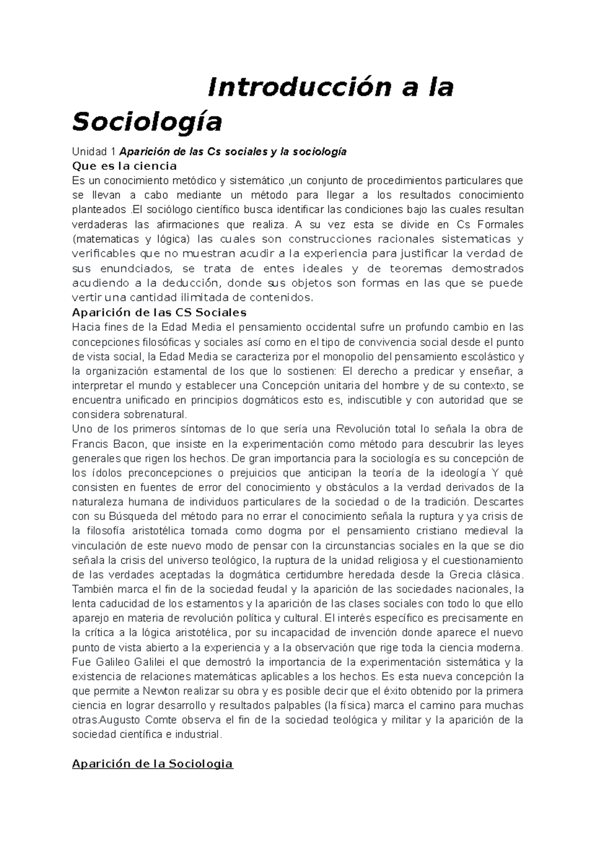 Introducción a la Sociología - Introducción a la Sociología Unidad 1 Aparición de las Cs ...