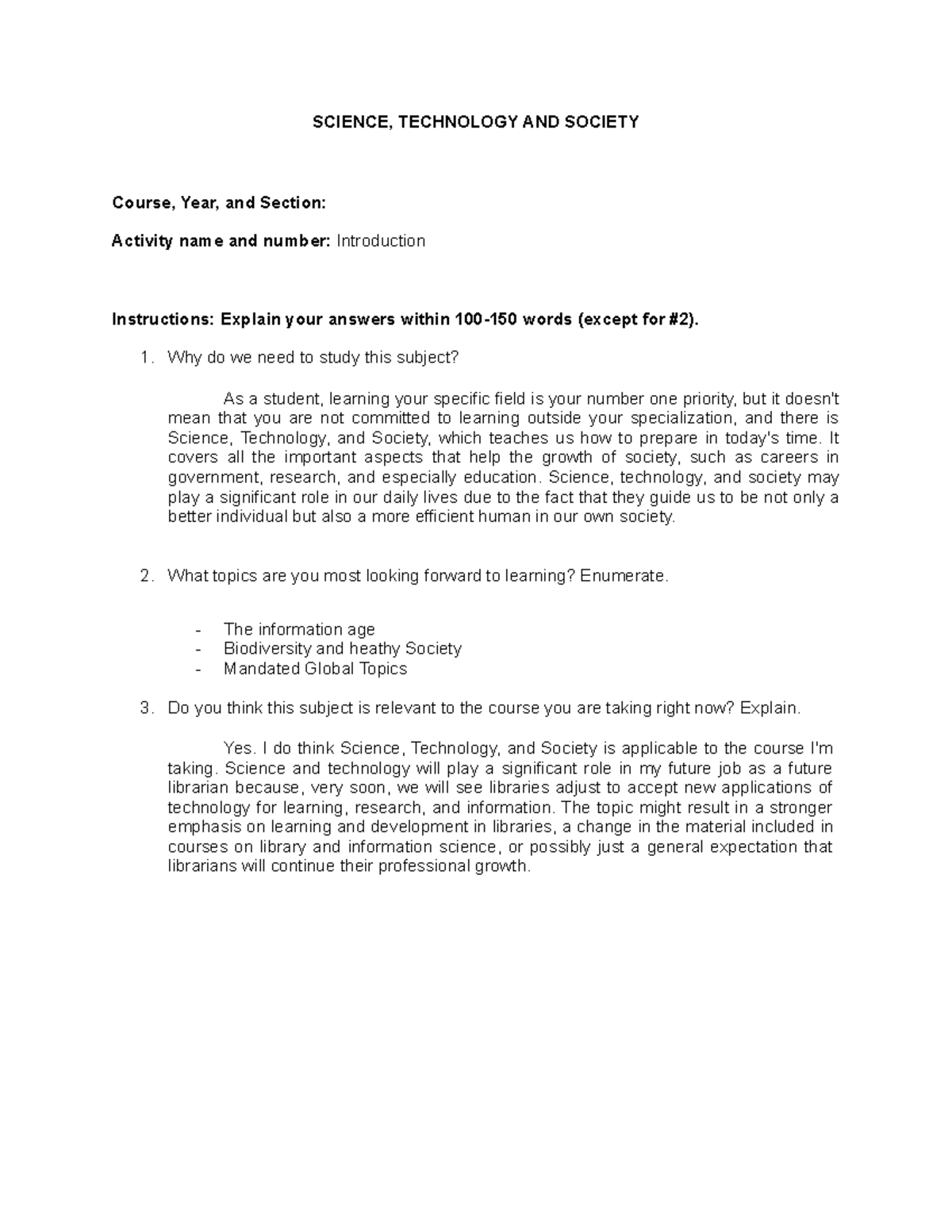 Sts - INTRODUCTION - SCIENCE, TECHNOLOGY AND SOCIETY Course, Year, and ...