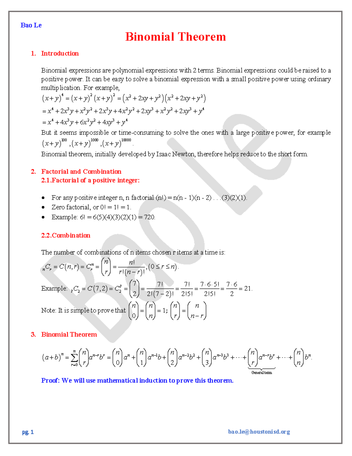Binomial Theorem - Introduction Binomial expressions are polynomial expressions with 2 terms ...