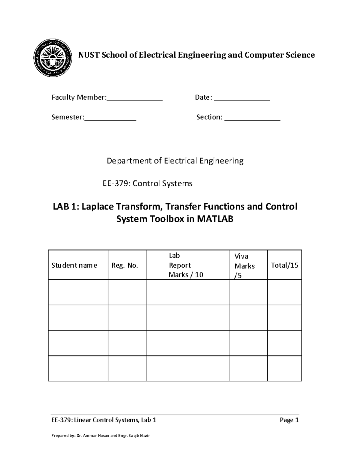 Control Systems Lab 01 - Page 1 Department of Electrical Engineering EE-3 79 : Control Systems ...