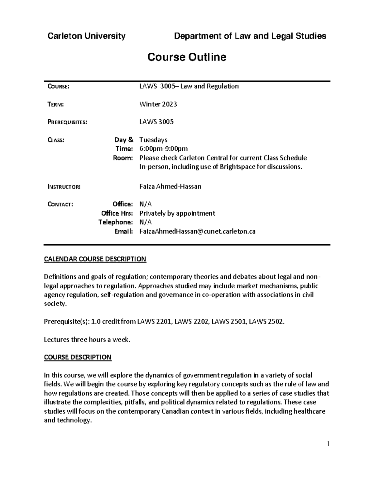 Course Outline LAWS3005- Winter 2023 - Carleton University Department ...
