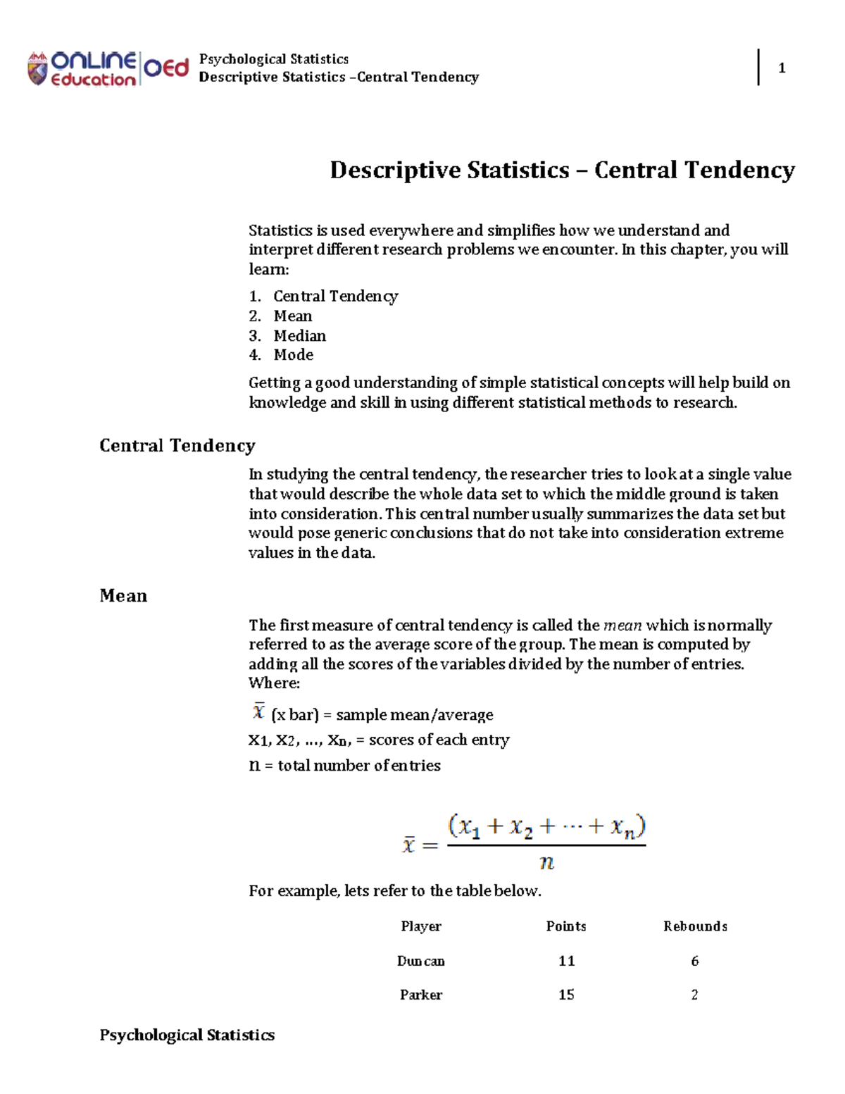 W3 Module-Descriptive Statistics – Central Tendency - Psychological ...