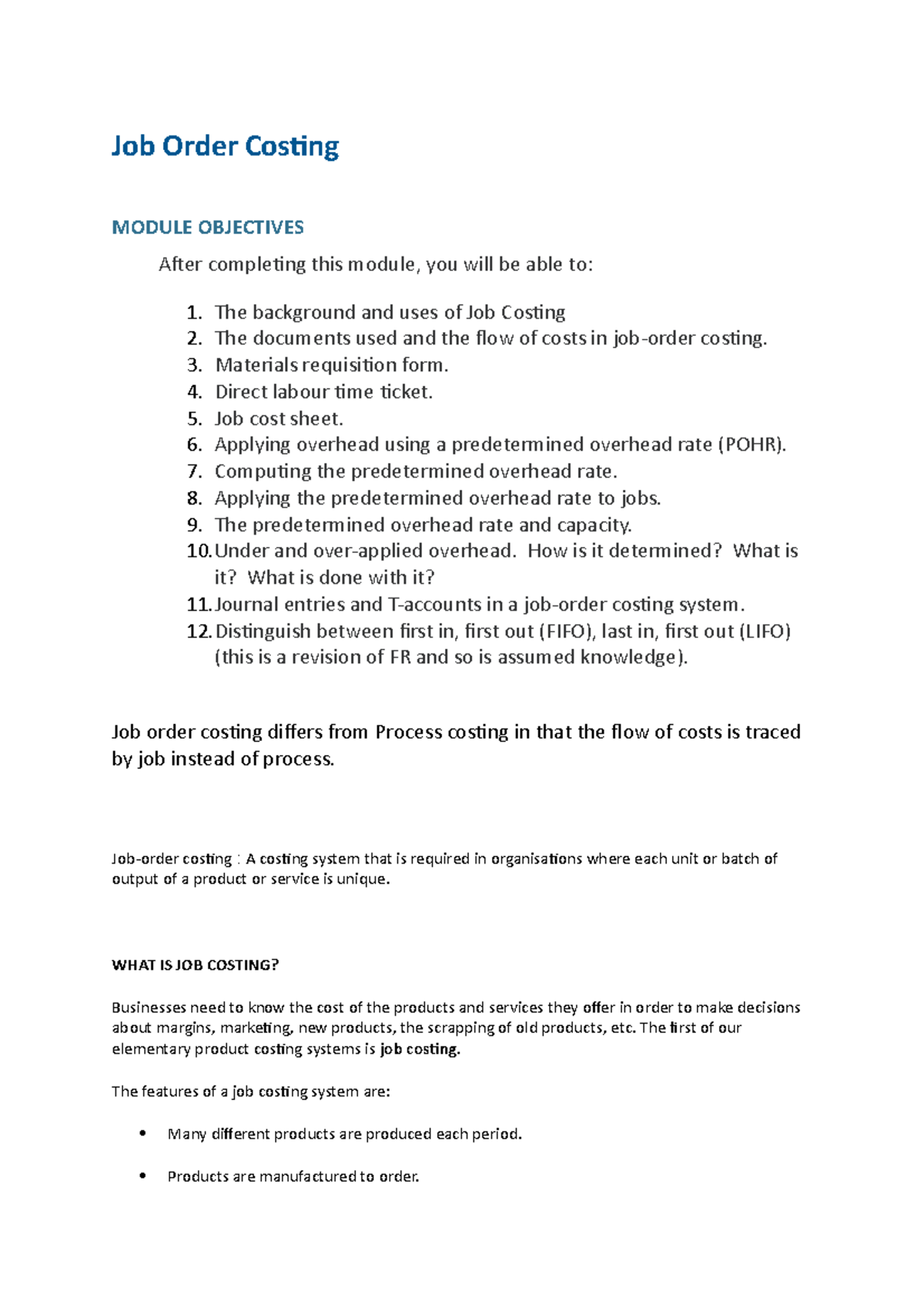 Job Order Costing - updated - Job Order Costing MODULE OBJECTIVES After ...