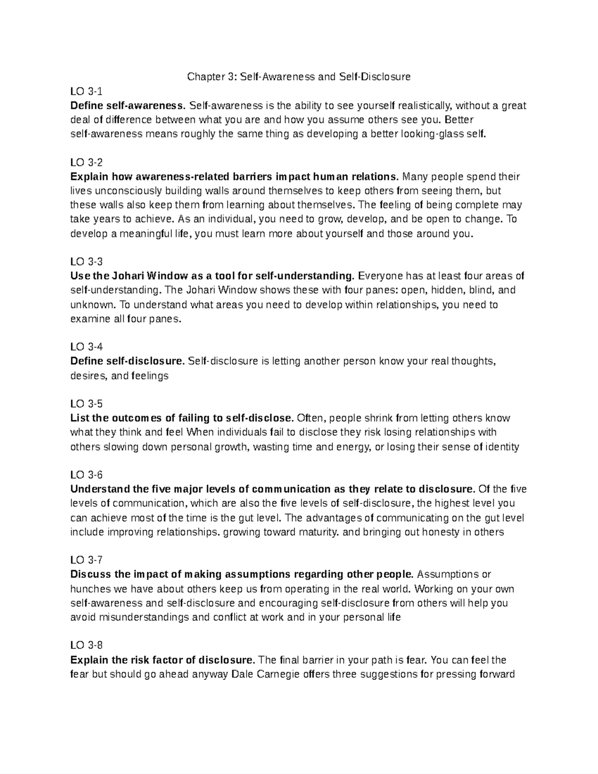Chapter 3 Self-Awareness and Self-Disclosure Summary - Google Docs ...