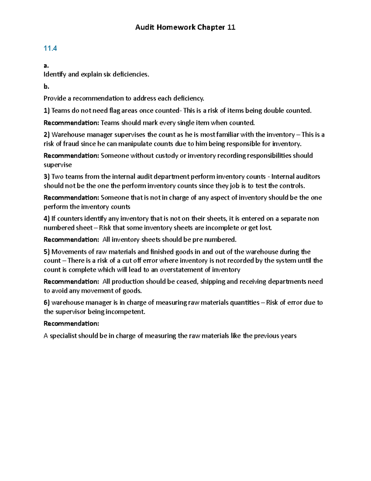 Chater 11 Audit Homework - Audit Homework Chapter 11 11. a. Identify ...