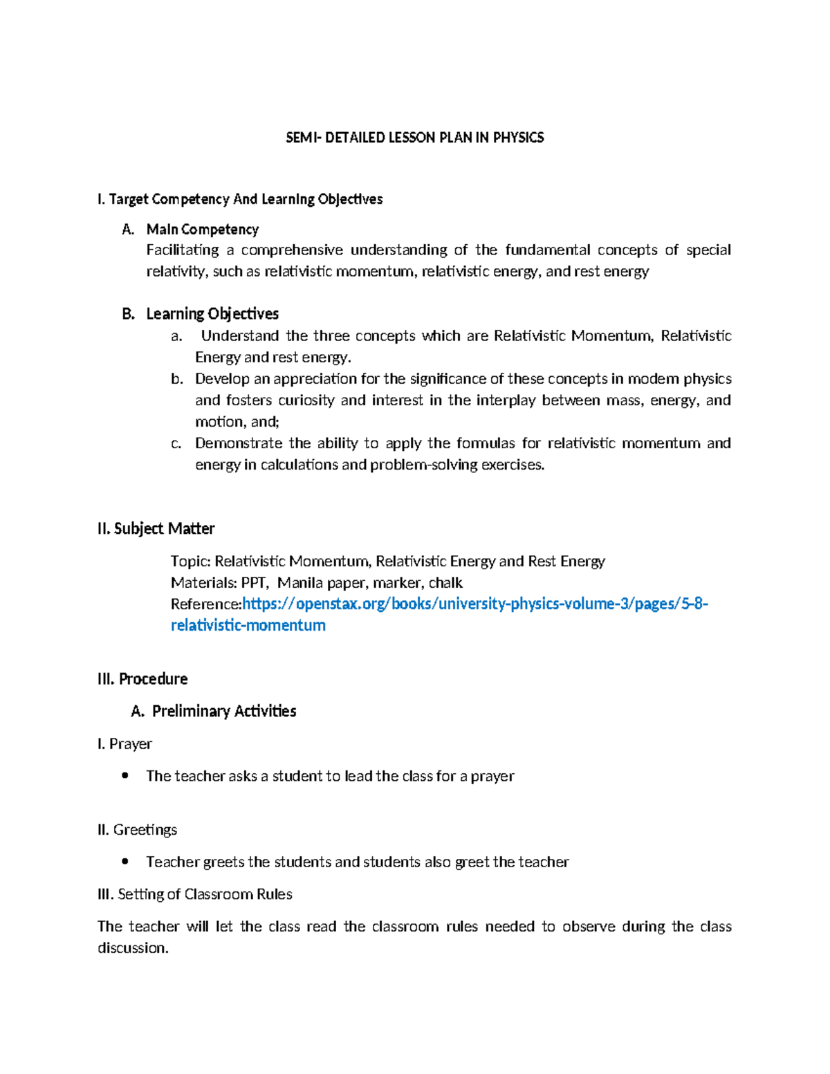 SEMI- Detailed Lesson PLAN Modern Physics - SEMI- DETAILED LESSON PLAN ...