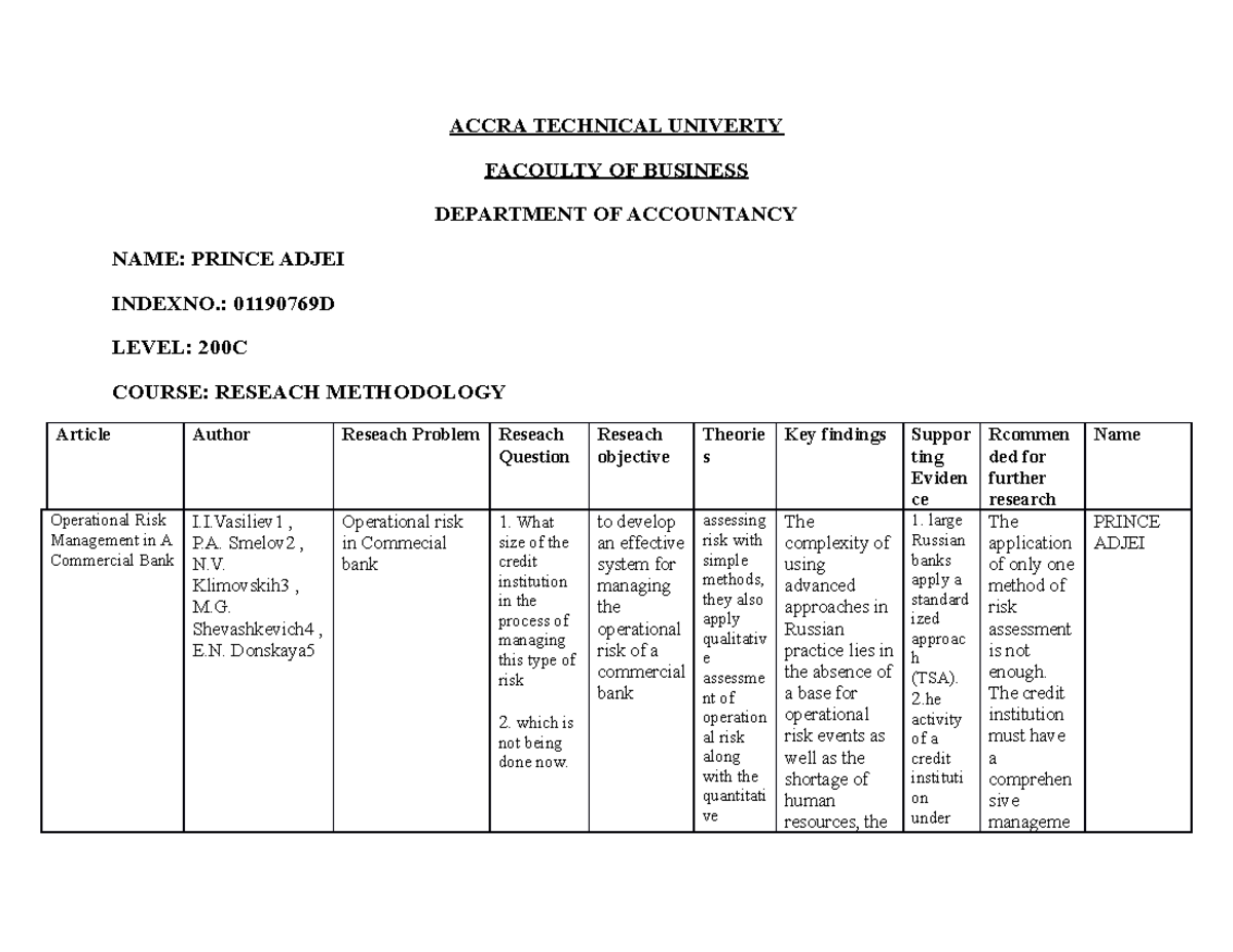 Research Methodology Assignment - ACCRA TECHNICAL UNIVERTY FACOULTY OF ...