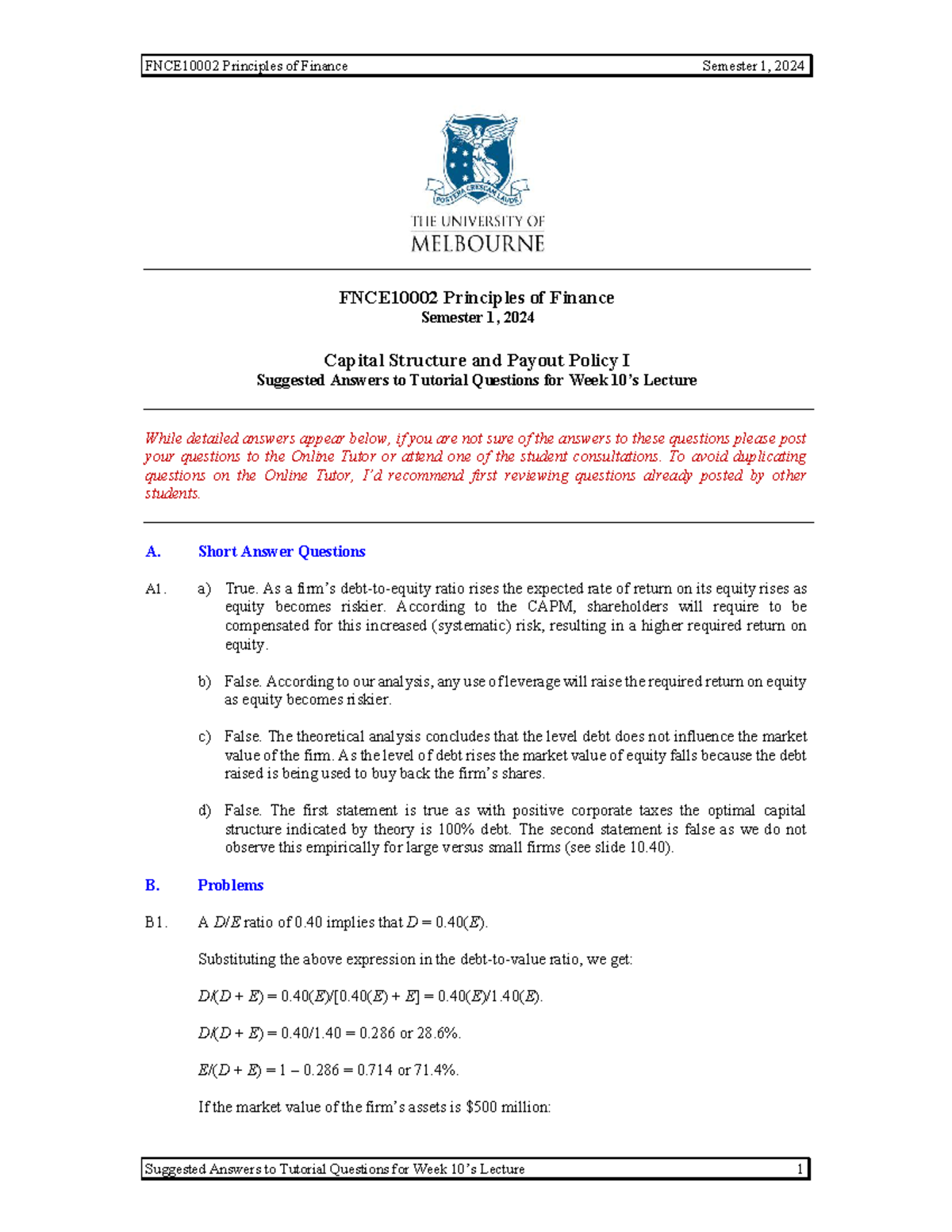 Tutorial 10 - Cap Str 1 - Ans - FNCE10002 Principles of Finance Semester 1, 2024 Suggested ...