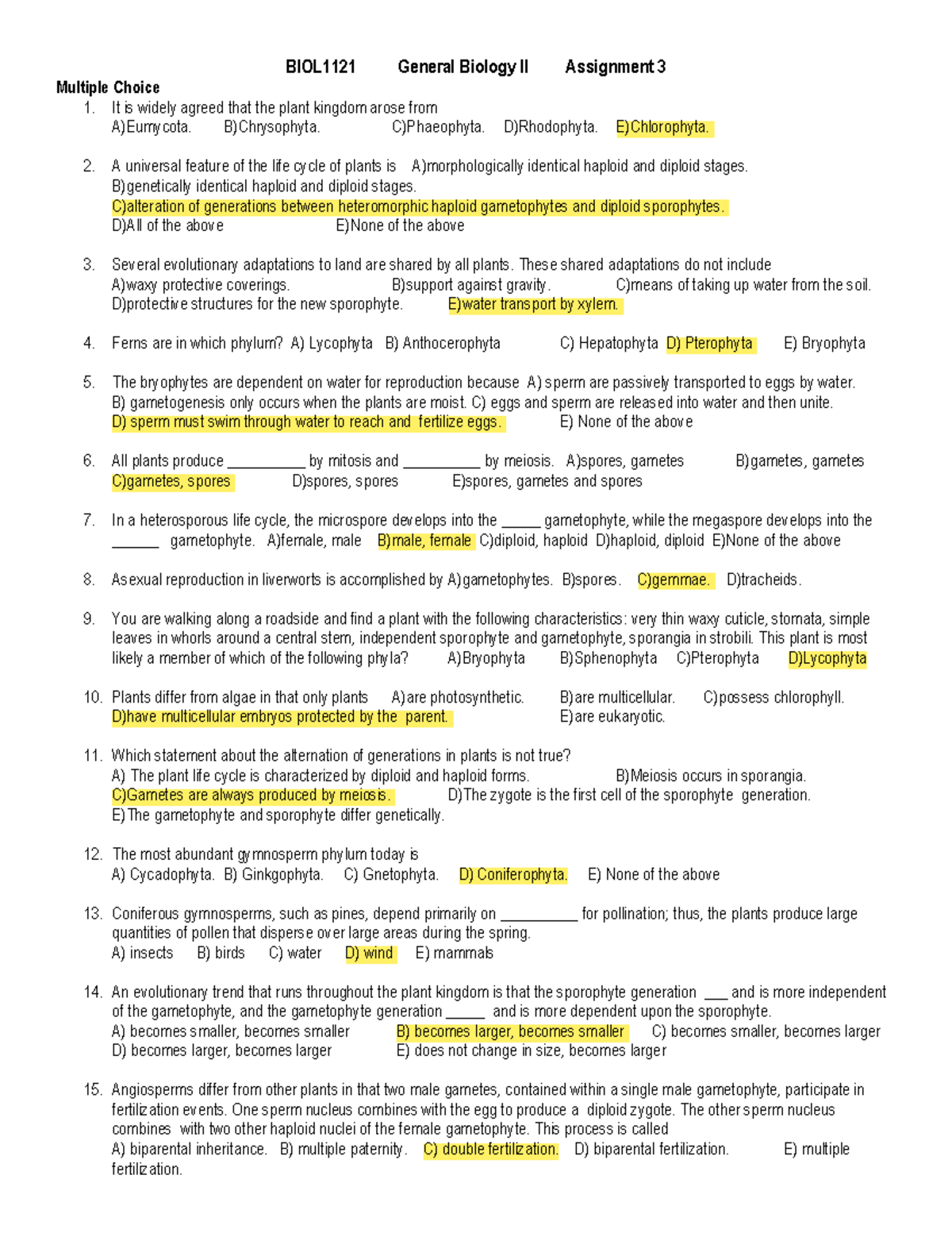 ASS3 Plant Diversity & Fungi - BIOL1121 General Biology II Assignment 3 ...