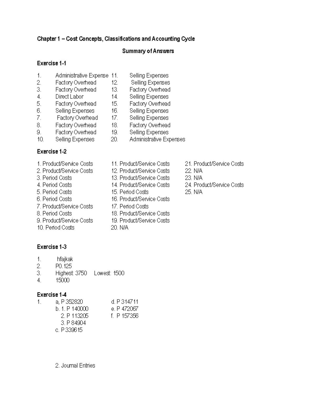 Cost Accounting and Control 2019 - Rante - Answer KEY - Chapter 1 – Cost Concepts ...