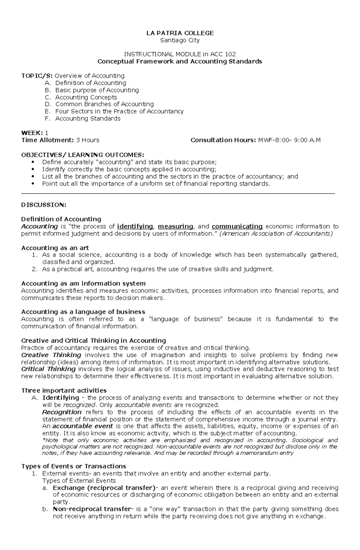 ACC102- Weeek-1- Module - LA PATRIA COLLEGE Santiago City INSTRUCTIONAL ...