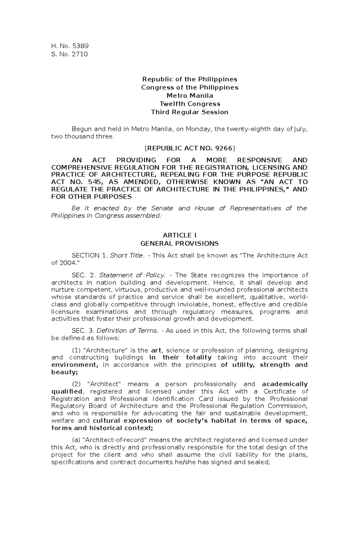 RA 9266 Architecture Law - H. No. 5389 S. No. 2710 Republic of the ...
