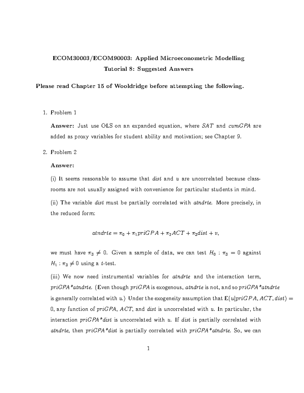 Tutorial 8 Solutions - ECOM30003/ECOM90003: Applied Microeconometric Modelling Tutorial 8 ...