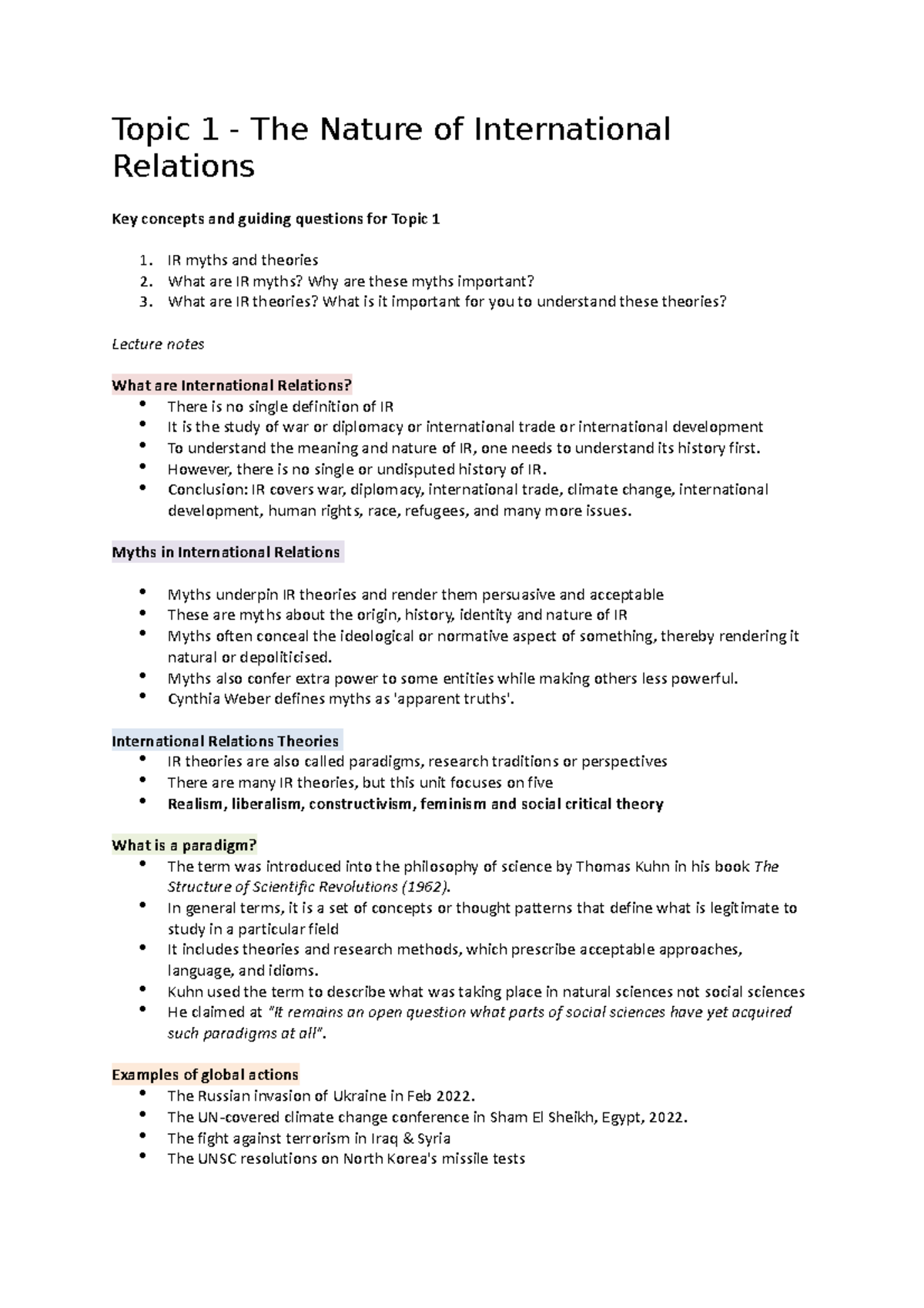 POL161 Topic 1 - lecture notes - Topic 1 - The Nature of International ...