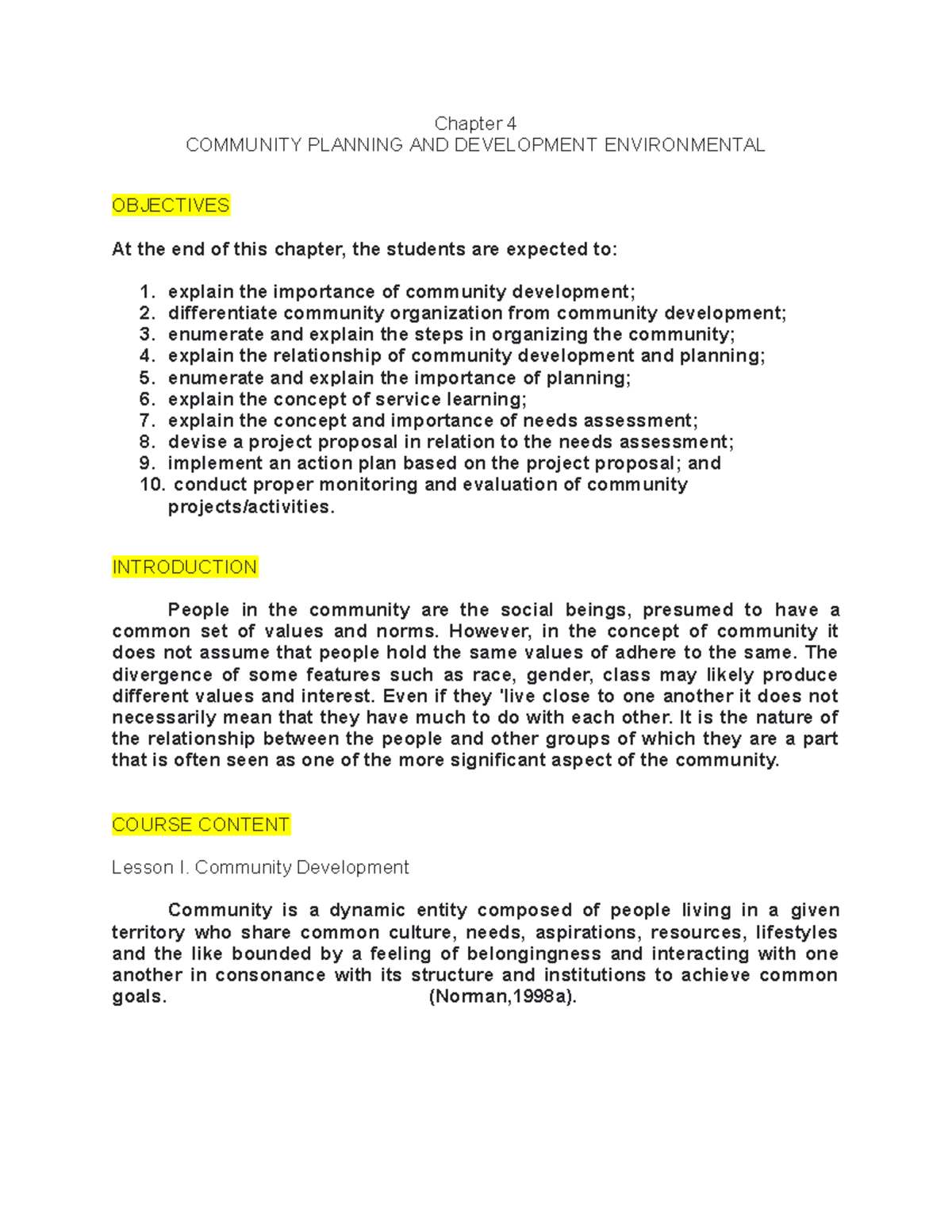 Chapter 4 lecture notes and reviewer - Chapter 4 COMMUNITY PLANNING AND ...