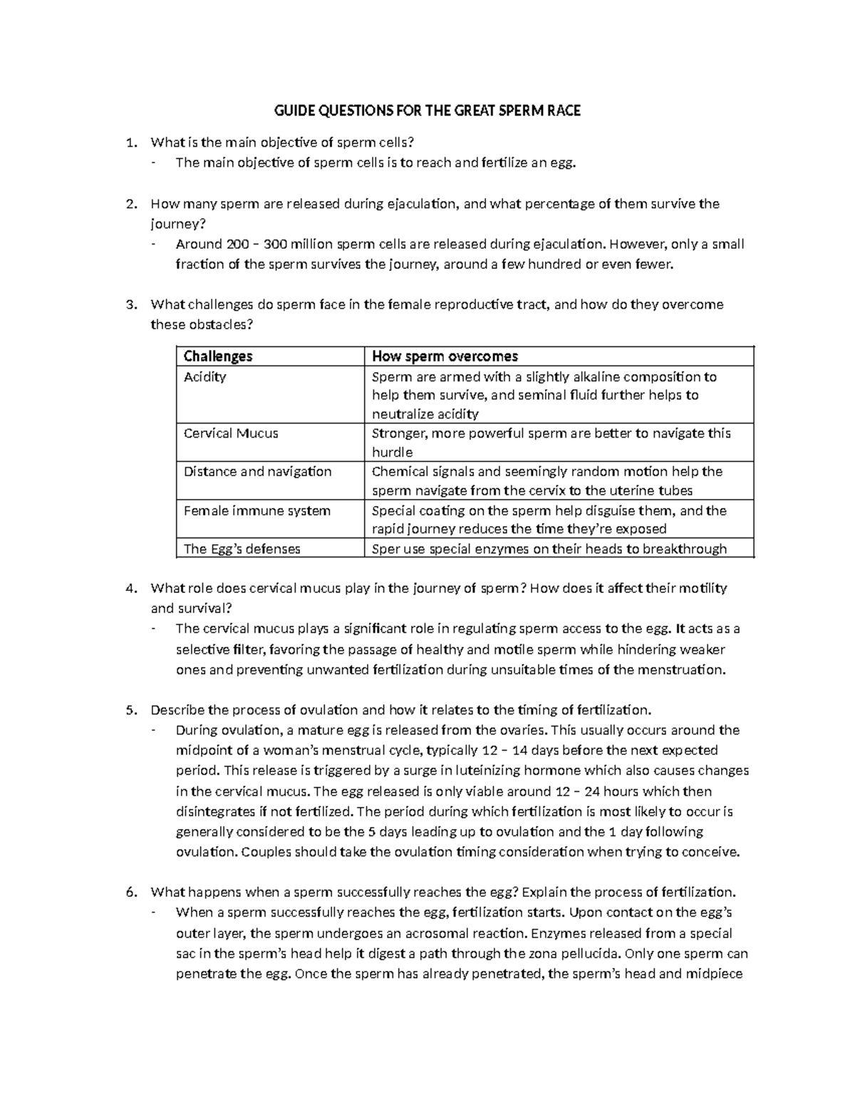 Guide Questions FOR THE Great Sperm RACE - GUIDE QUESTIONS FOR THE ...