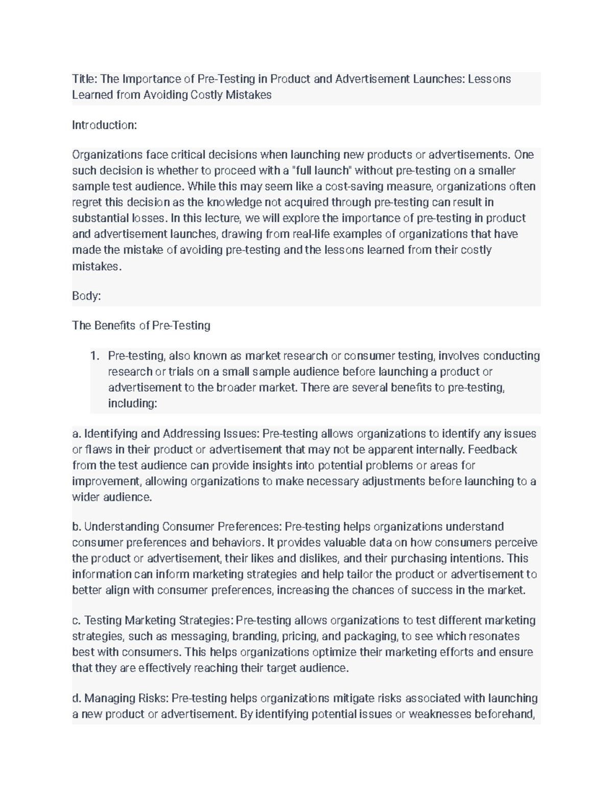 MKT2210 lecture notes 9 - Title: The Importance of Pre-Testing in ...