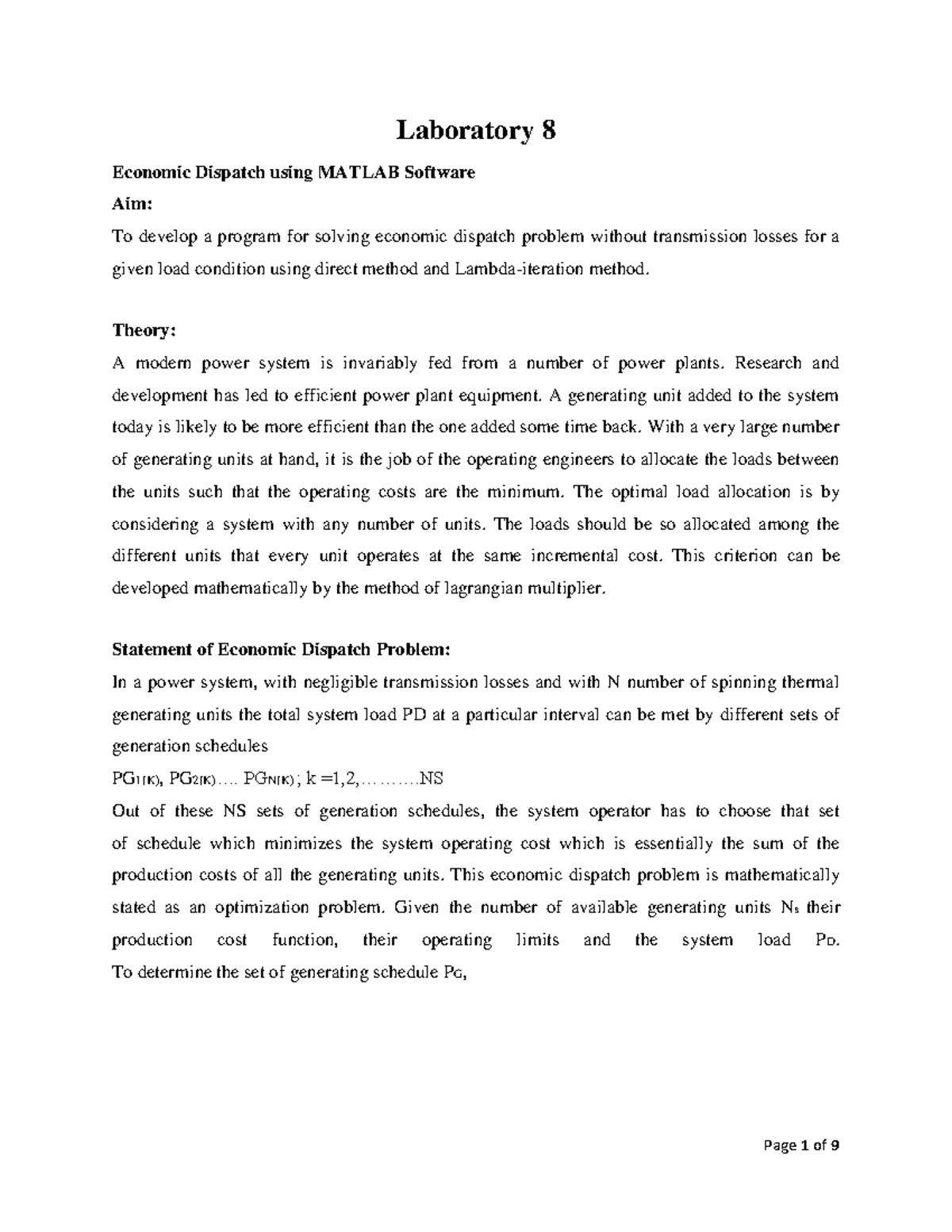 Economic dispatch lab - Ghh - Laboratory 8 Economic Dispatch using ...