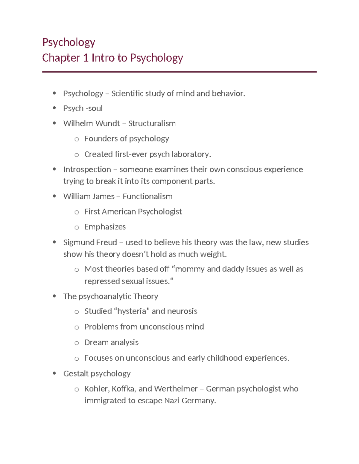 Psychology Notes - Psychology Chapter 1 Intro to Psychology Psychology ...