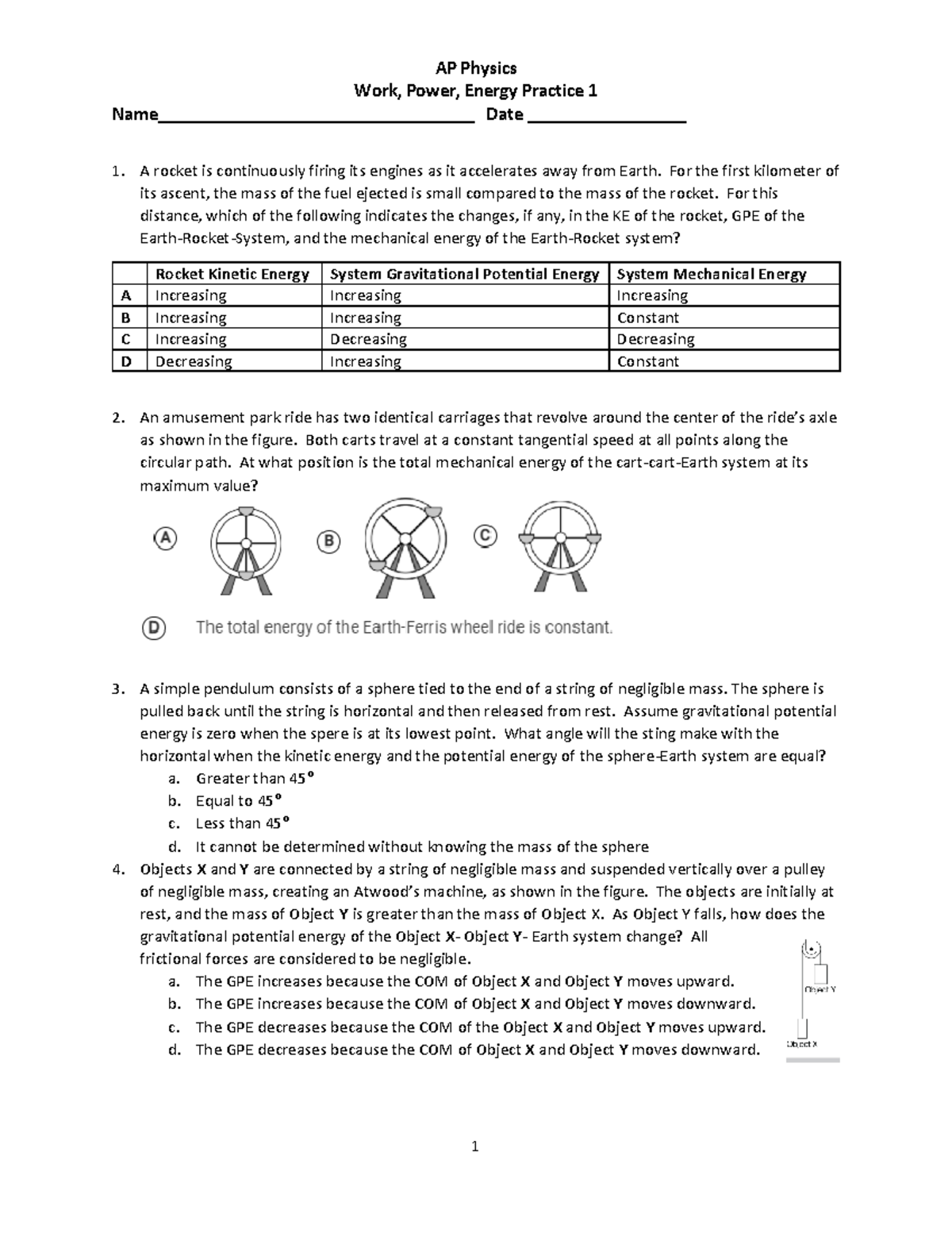 Physics - practice problems - Work, Power, Energy Practice 1 Name