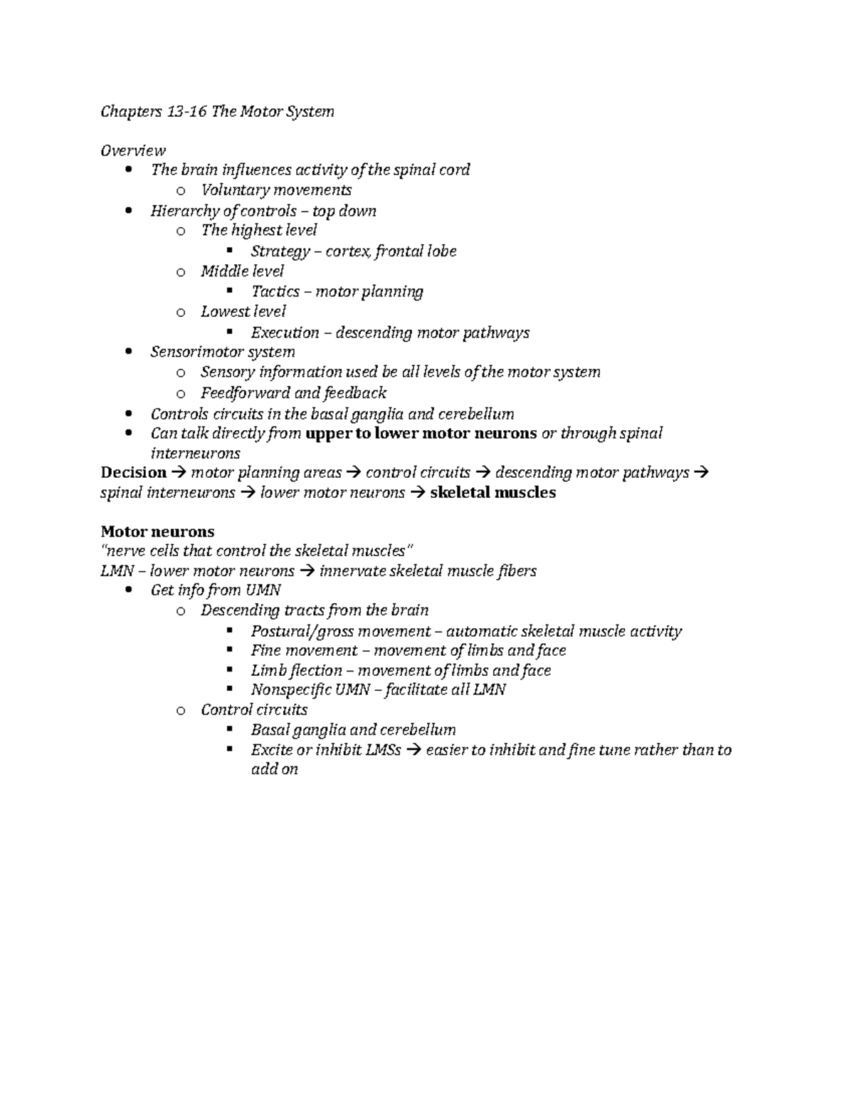 The motor system - 13-16 - Chapters 13-16 The Motor System Overview The ...