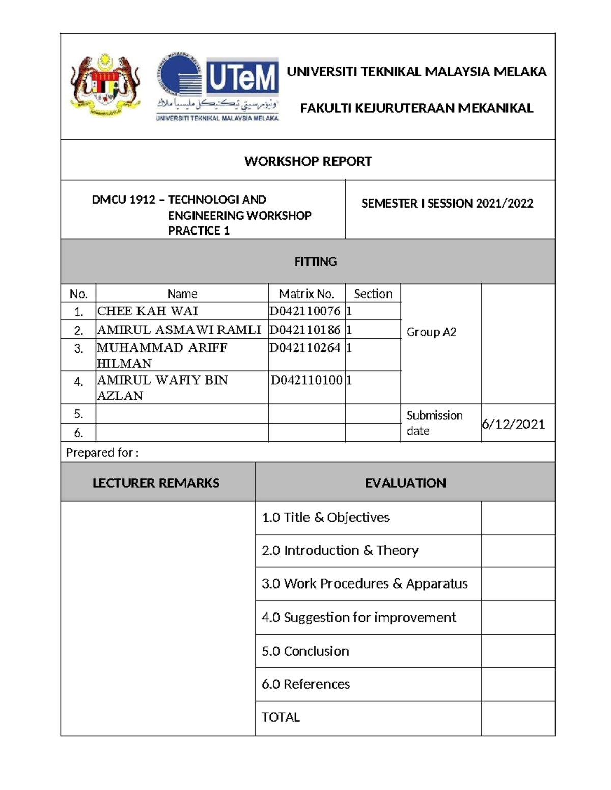 Fitting - UNIVERSITI TEKNIKAL MALAYSIA MELAKA FAKULTI KEJURUTERAAN ...